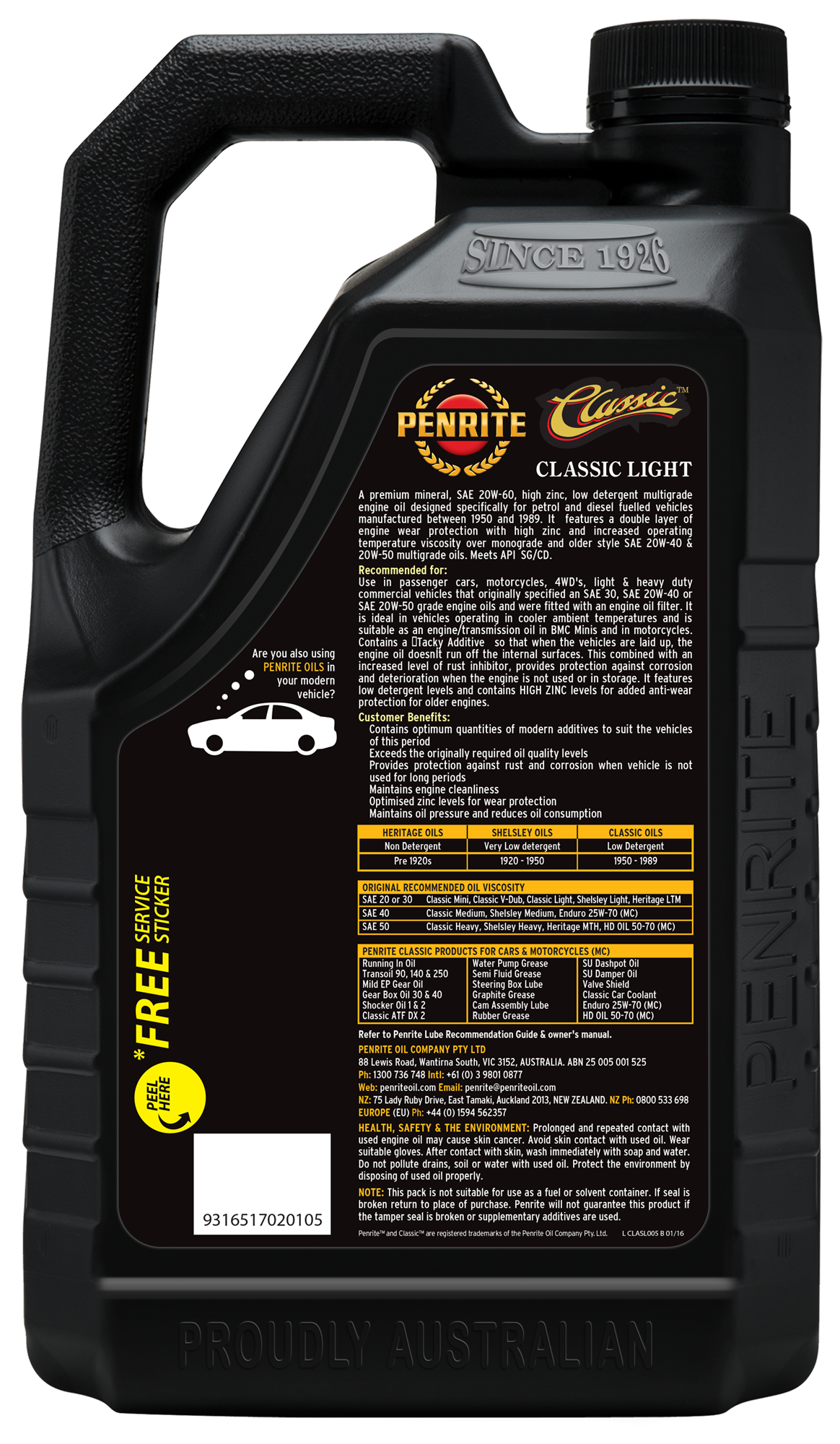 CLASSIC LIGHT 20W-60 (Mineral) | Penrite Oil